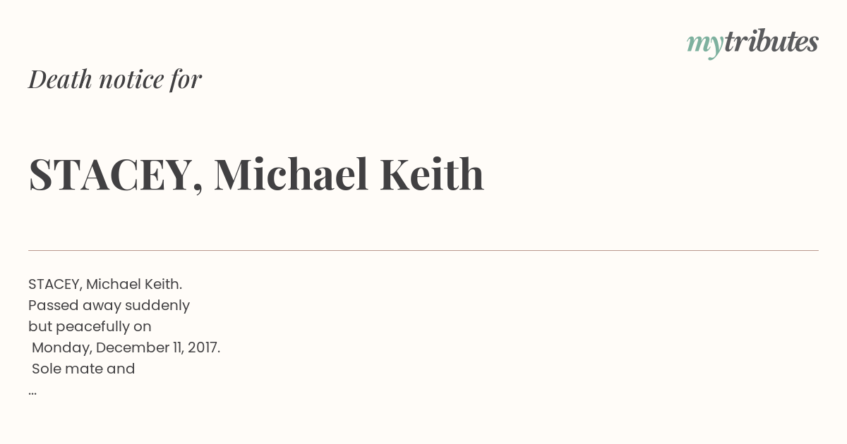 STACEY, Michael Keith | Death Notices | Darwin | My Tributes