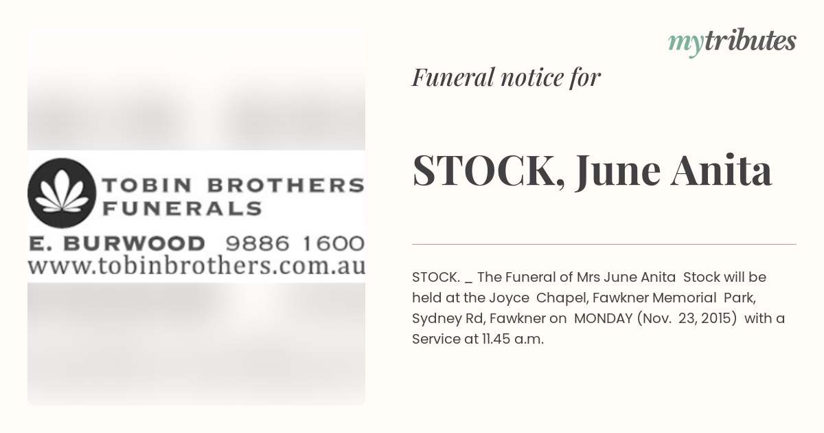 STOCK, June Anita | Funeral Notices | Melbourne | My Tributes