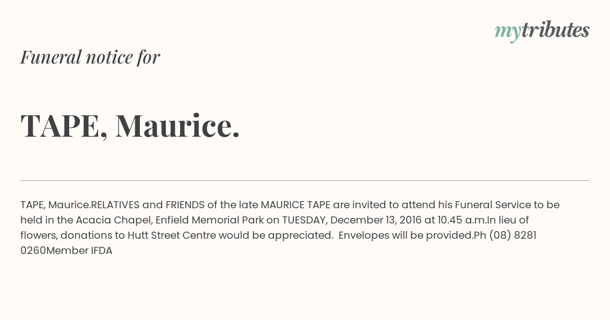 TAPE, Maurice. | Funeral Notices | Darwin | My Tributes