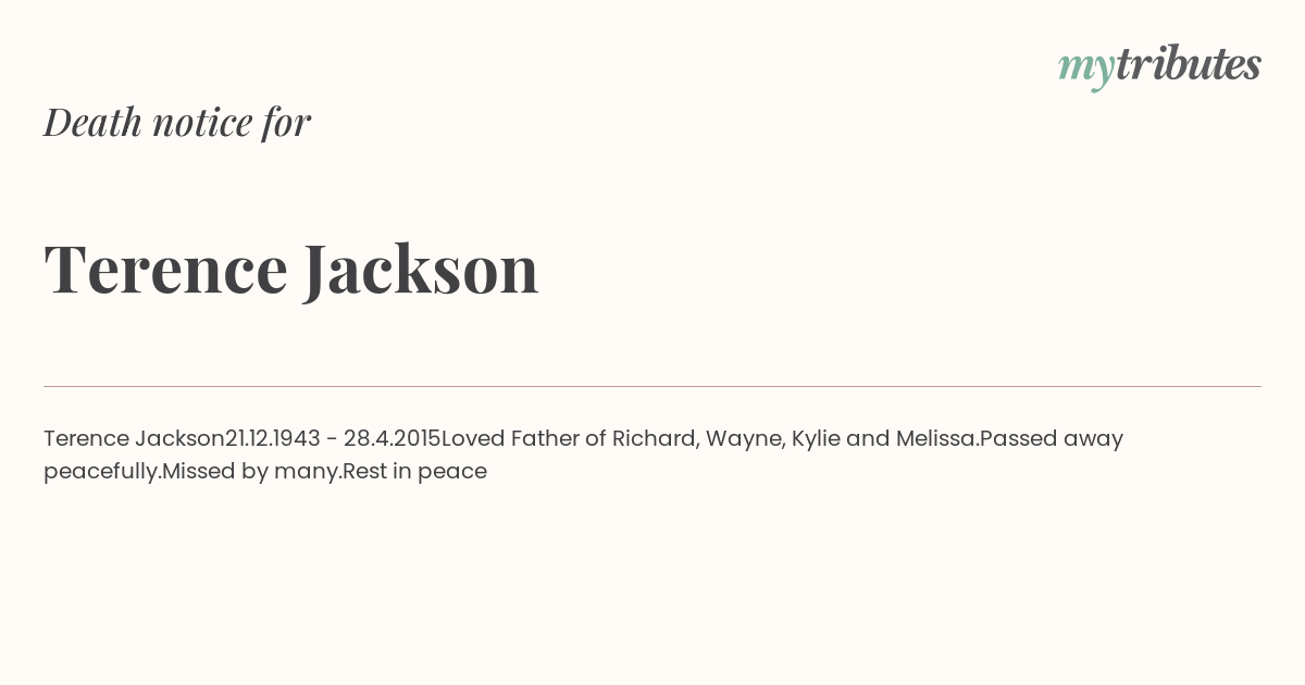 Terence Jackson | Death Notices | Darwin | Herald Sun