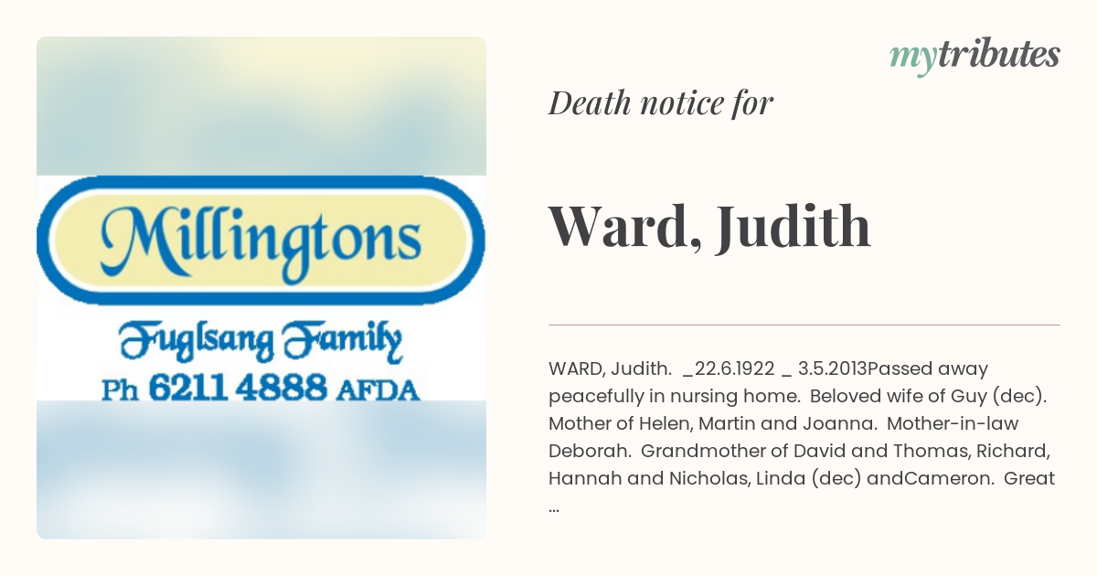 Ward, Judith | Death Notices | Tasmania | The Mercury