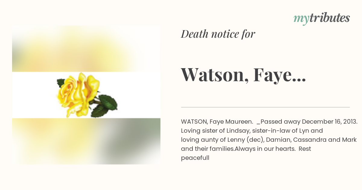 Watson, Faye Maureen | Death Notices | Tasmania | The Mercury