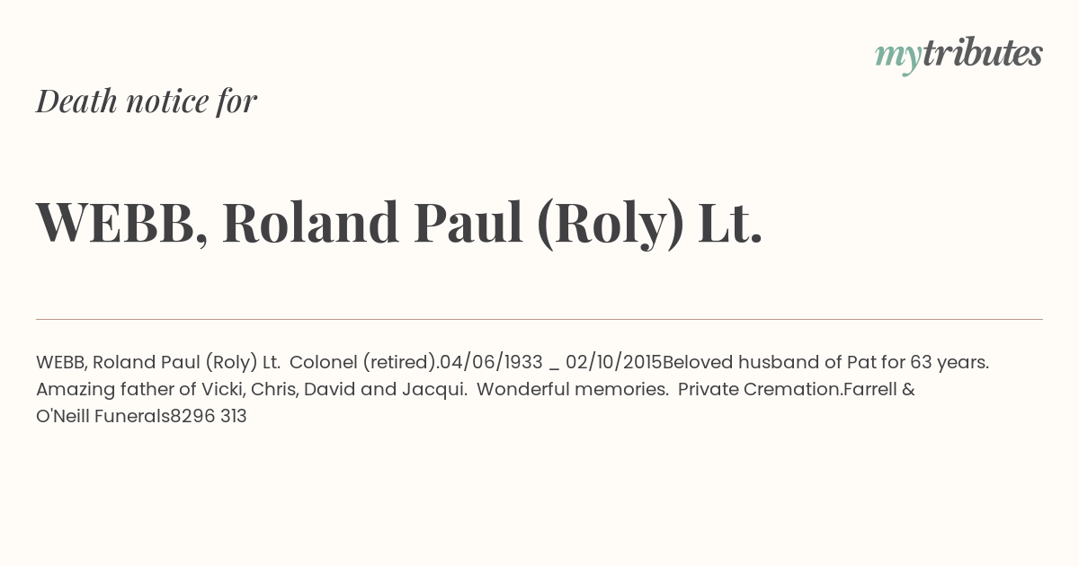 WEBB, Roland Paul (Roly) Lt. | Death Notices | Darwin | My Tributes