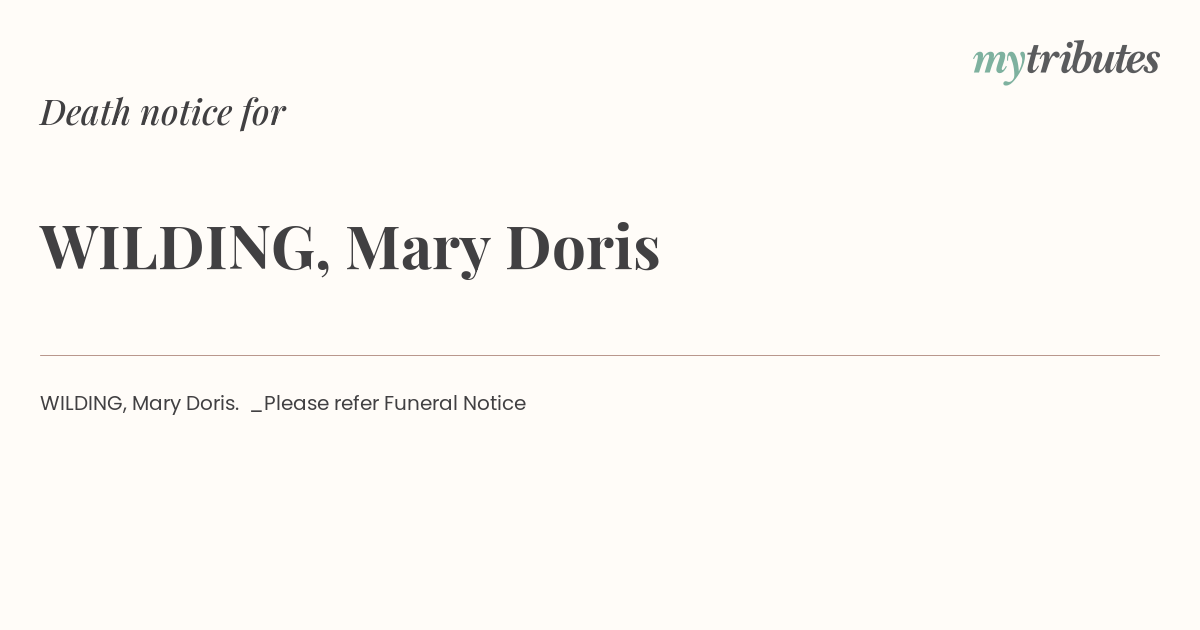 WILDING, Mary Doris | Death Notices | Darwin | My Tributes