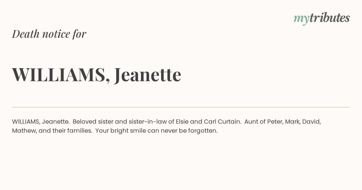 WILLIAMS, Jeanette | Death Notices | Tasmania | Weekly Times Now