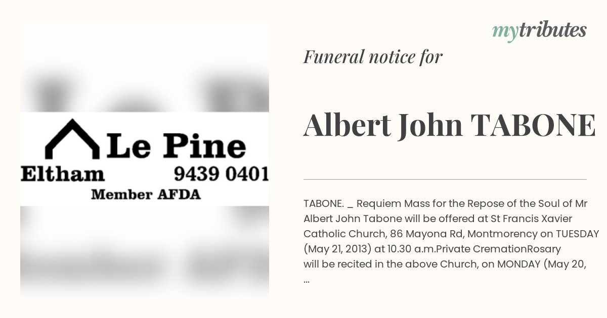 Albert John TABONE | Funeral Notices | Melbourne | My Tributes
