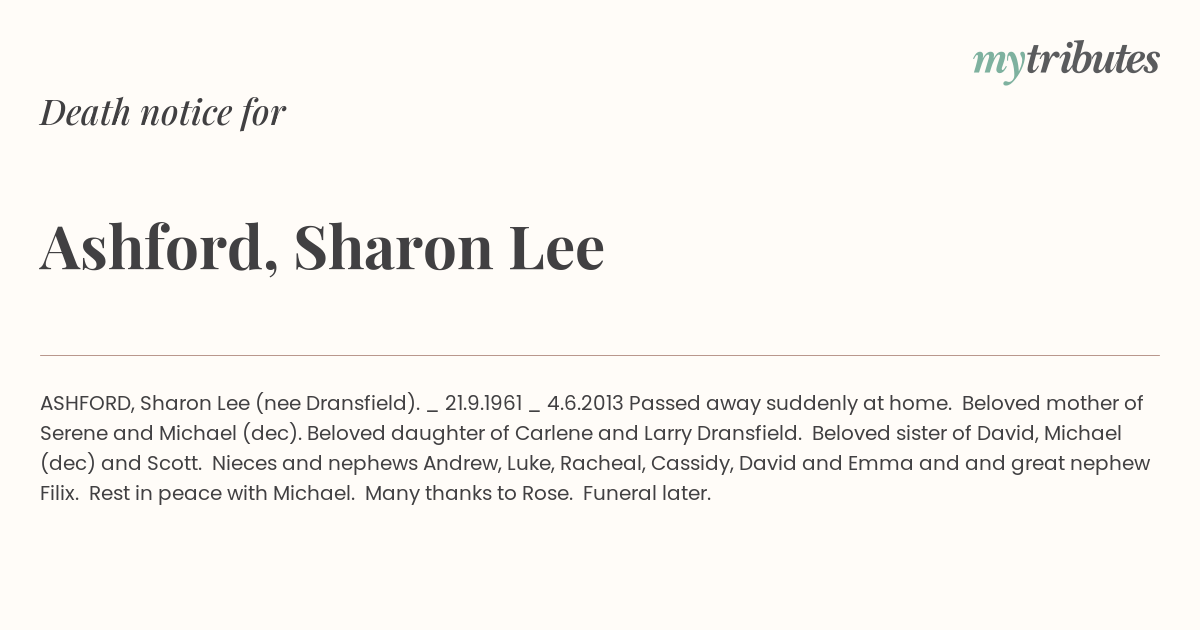 Ashford, Sharon Lee | Death Notices | Tasmania | The Mercury