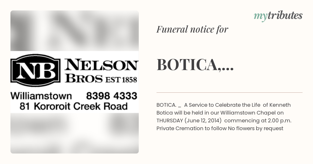 BOTICA, Kenneth (Ken) | Funeral Notices | Melbourne | My Tributes