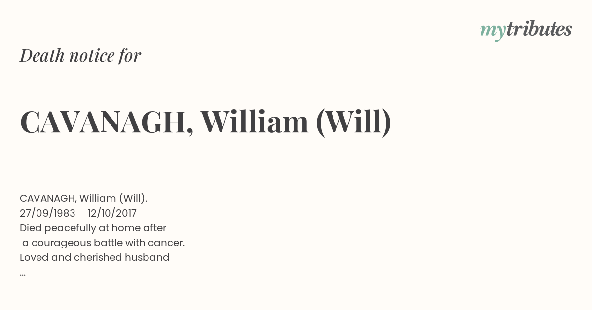 CAVANAGH, William (Will) | Death Notices | Darwin | My Tributes