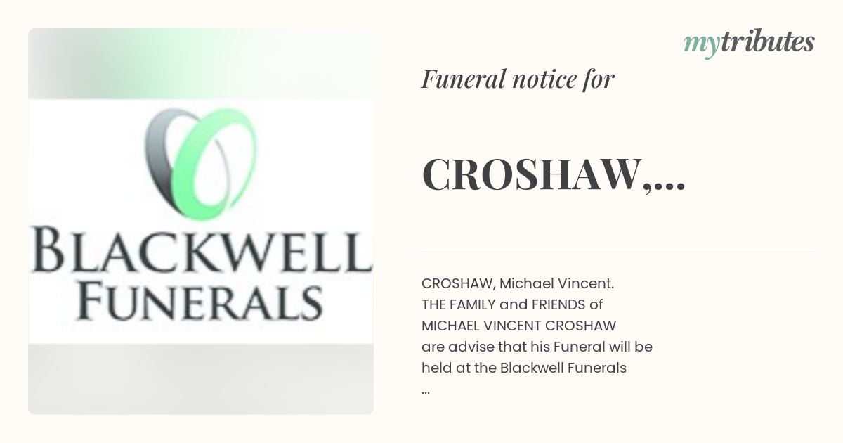 CROSHAW, Michael Vincent | Funeral Notices | Darwin | My Tributes
