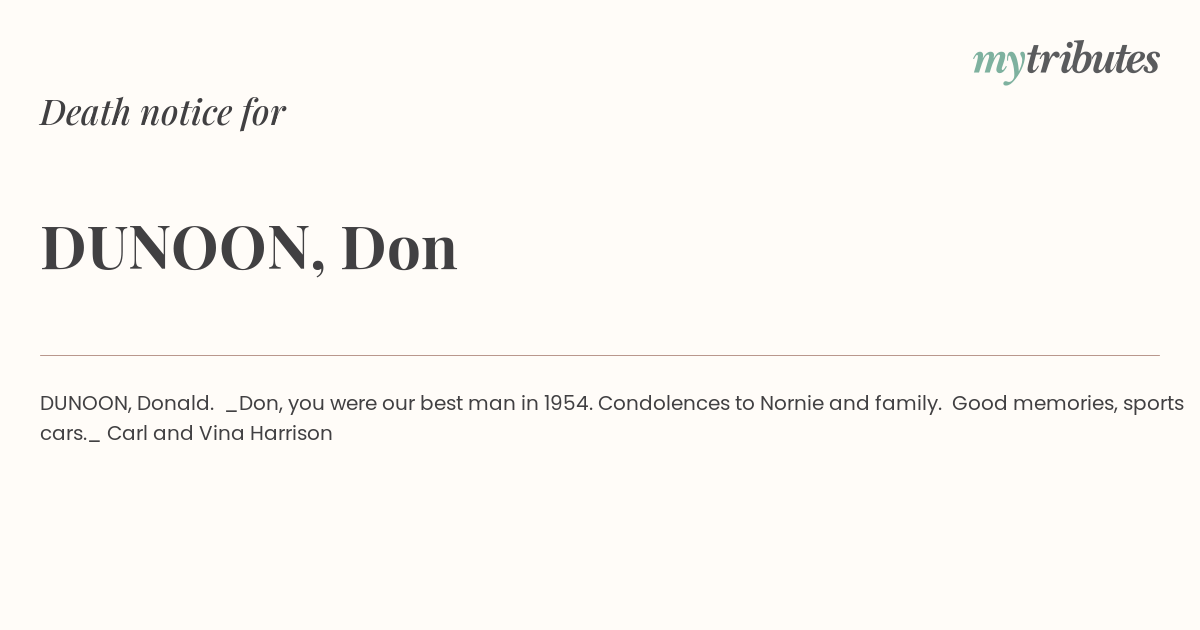 DUNOON, Don | Death Notices | Geelong | My Tributes