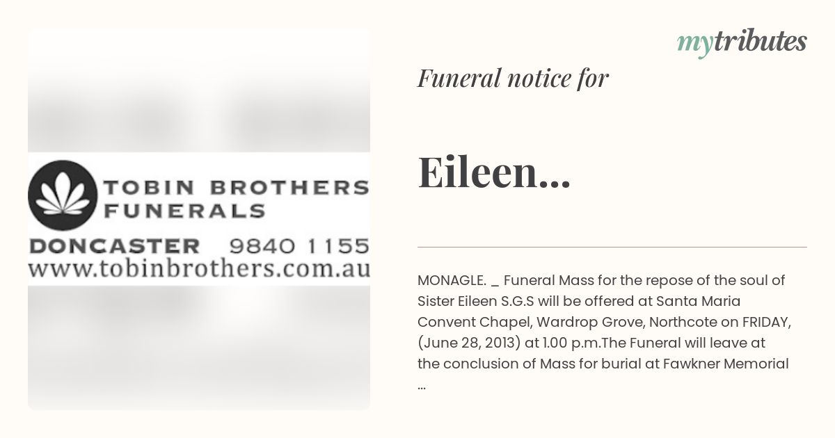 Eileen Margaret MONAGLE | Funeral Notices | Melbourne | My Tributes