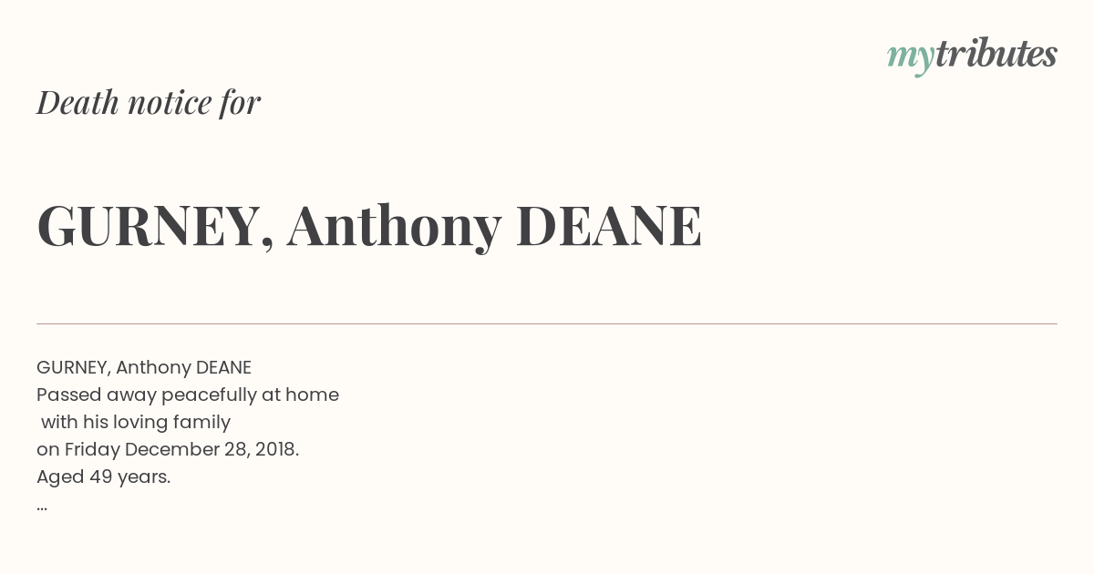 GURNEY, Anthony DEANE | Death Notices | Darwin | Herald Sun