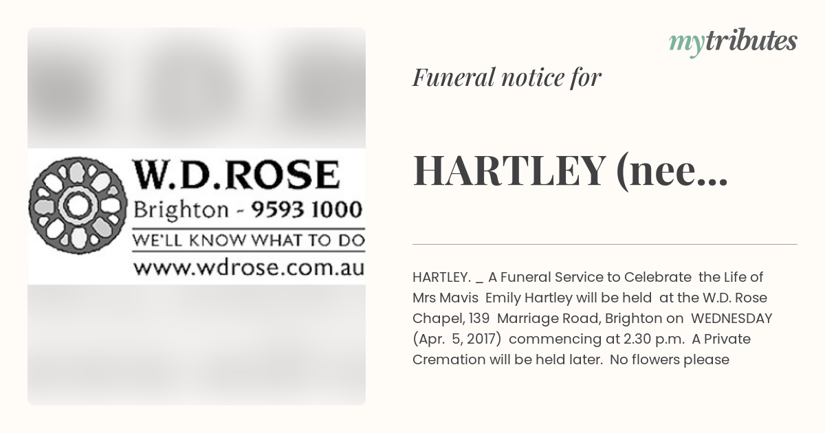 HARTLEY (nee Boyd), Mavis Emily | Funeral Notices | Melbourne | My Tributes