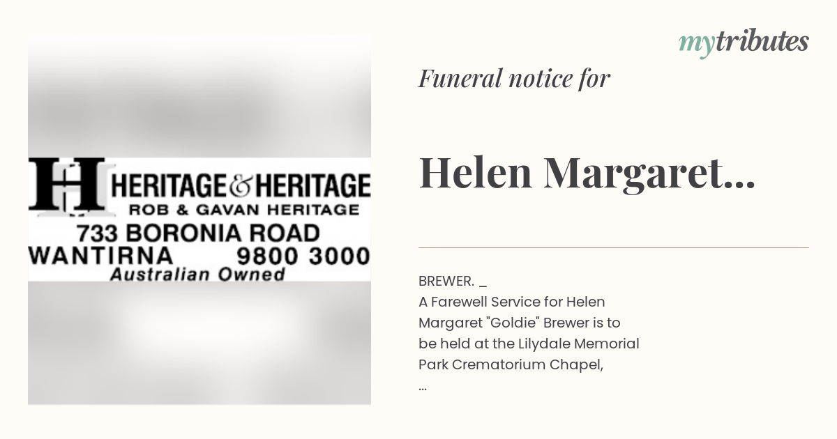 Helen Margaret BREWER | Funeral Notices | Melbourne | My Tributes
