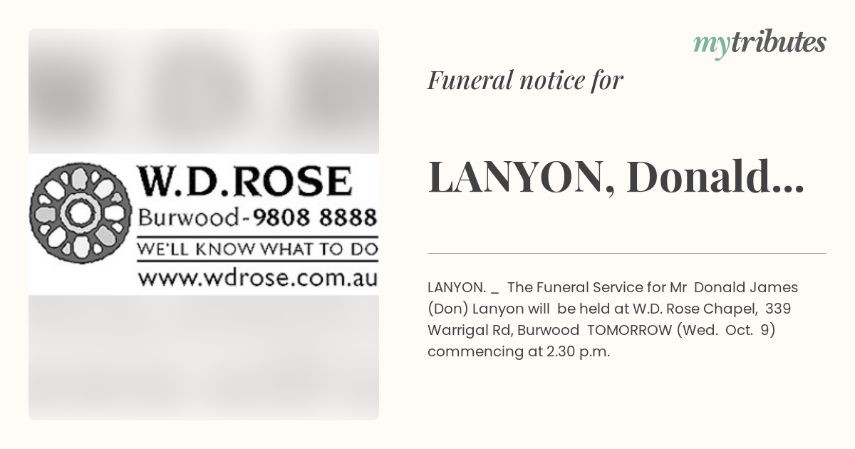 LANYON, Donald James (Don) | Funeral Notices | Melbourne | My Tributes