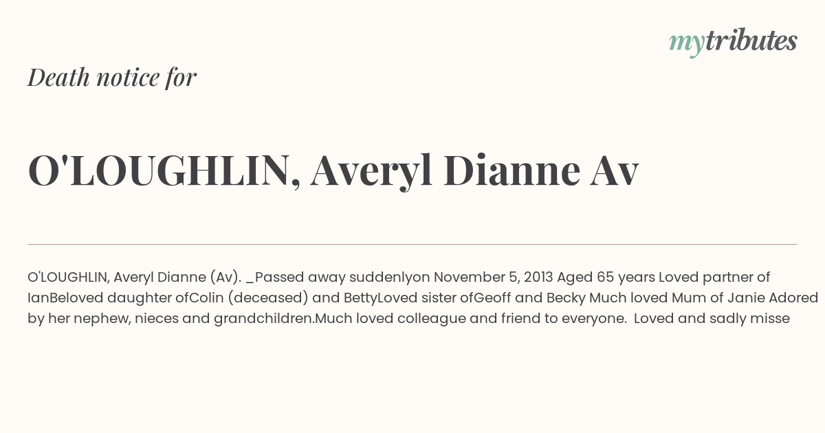 O'LOUGHLIN, Averyl Dianne Av | Death Notices | Darwin | My Tributes