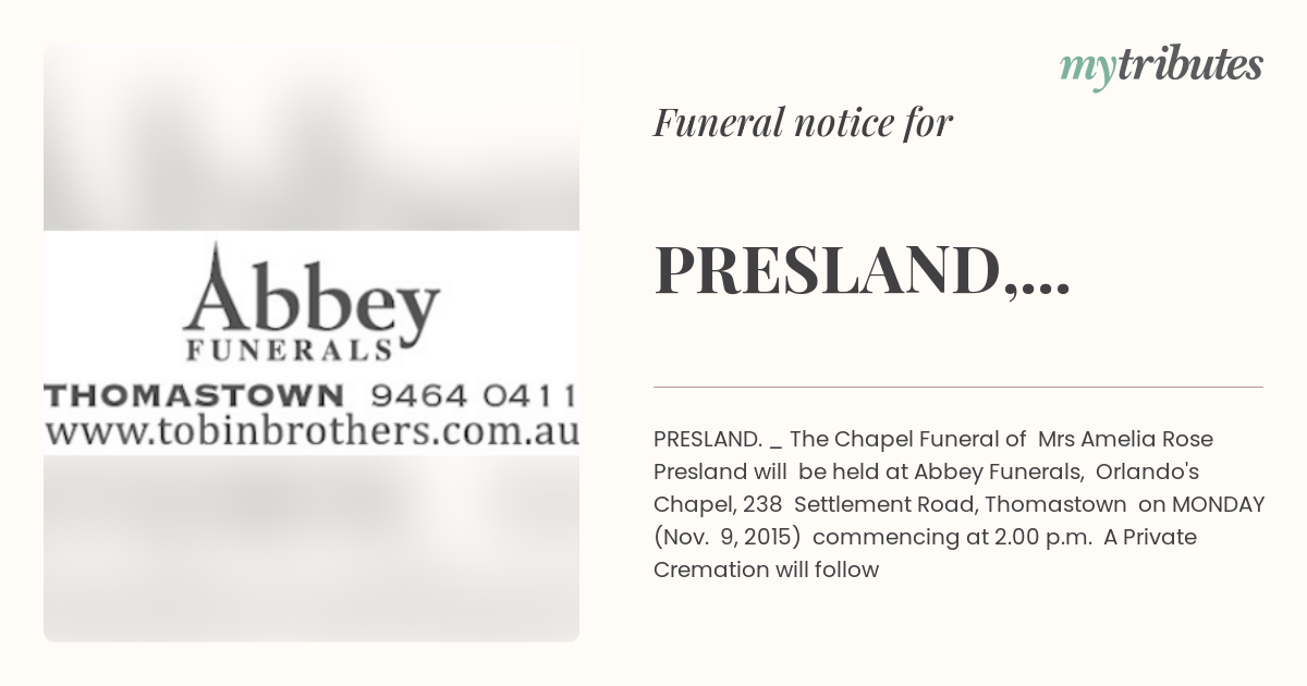 PRESLAND, Amelia Rose | Funeral Notices | Melbourne | My Tributes