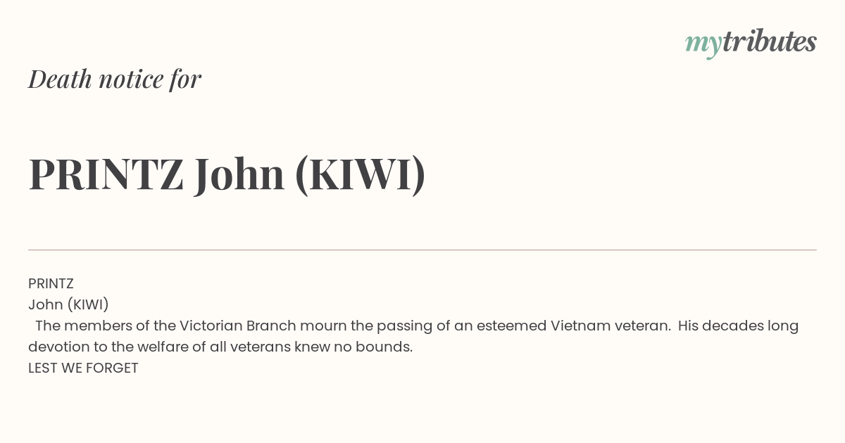 PRINTZ John (KIWI) | Death Notices | Melbourne | My Tributes