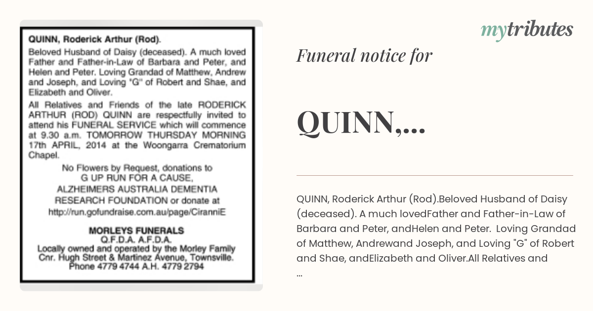 QUINN, Roderick Arthur (Rod). | Funeral Notices | Townsville | My Tributes