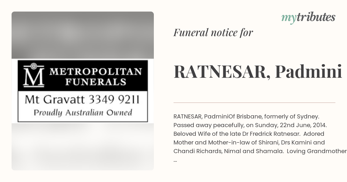 RATNESAR, Padmini | Funeral Notices | Brisbane | My Tributes