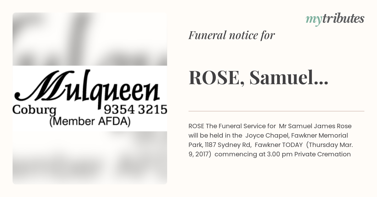 ROSE, Samuel James (Jim) | Funeral Notices | Melbourne | My Tributes