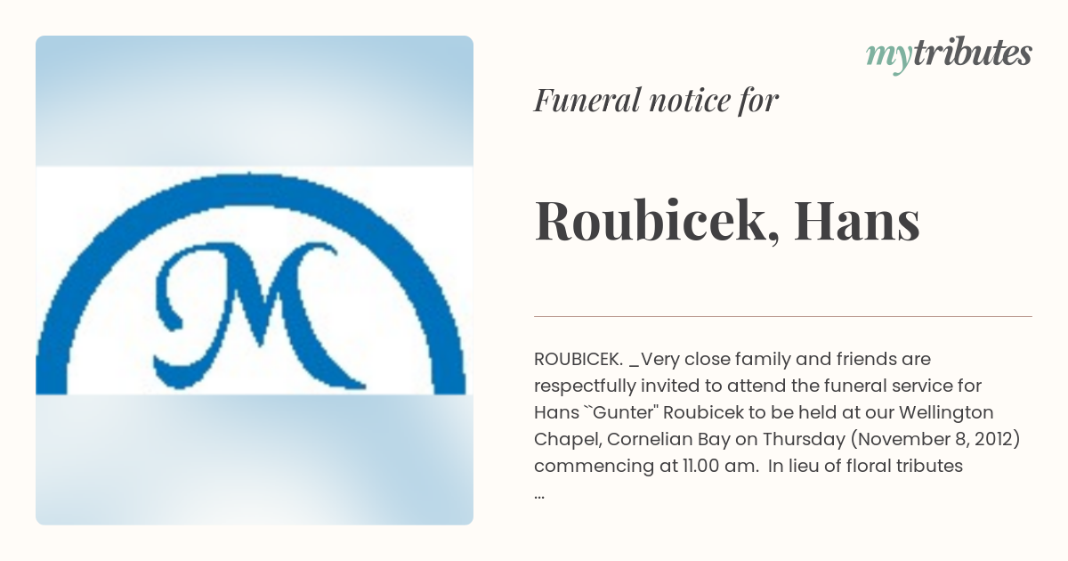Roubicek, Hans | Funeral Notices | Tasmania | My Tributes