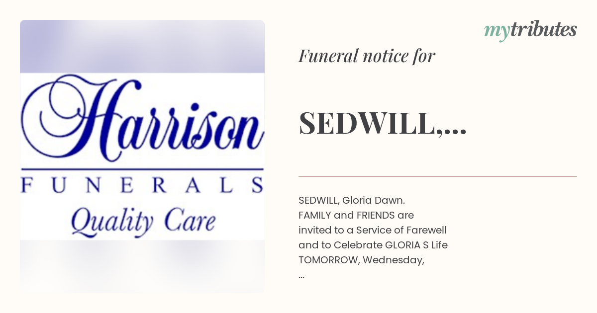 SEDWILL, Gloria Dawn | Funeral Notices | Darwin | My Tributes