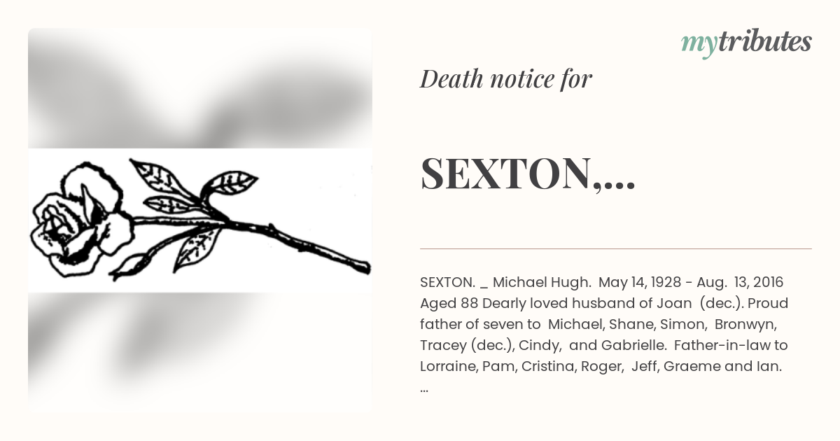 SEXTON, Michael Hugh | Death Notices | Melbourne | My Tributes