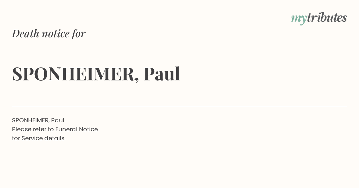 SPONHEIMER, Paul | Death Notices | Darwin | The Mercury