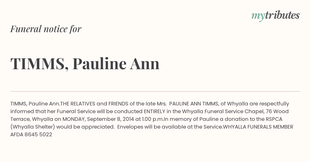 TIMMS, Pauline Ann | Funeral Notices | Darwin | My Tributes