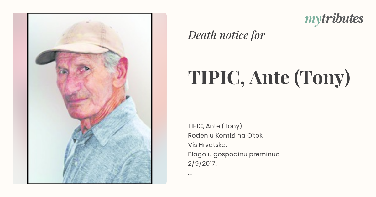 TIPIC, Ante (Tony) | Death Notices | Darwin | My Tributes