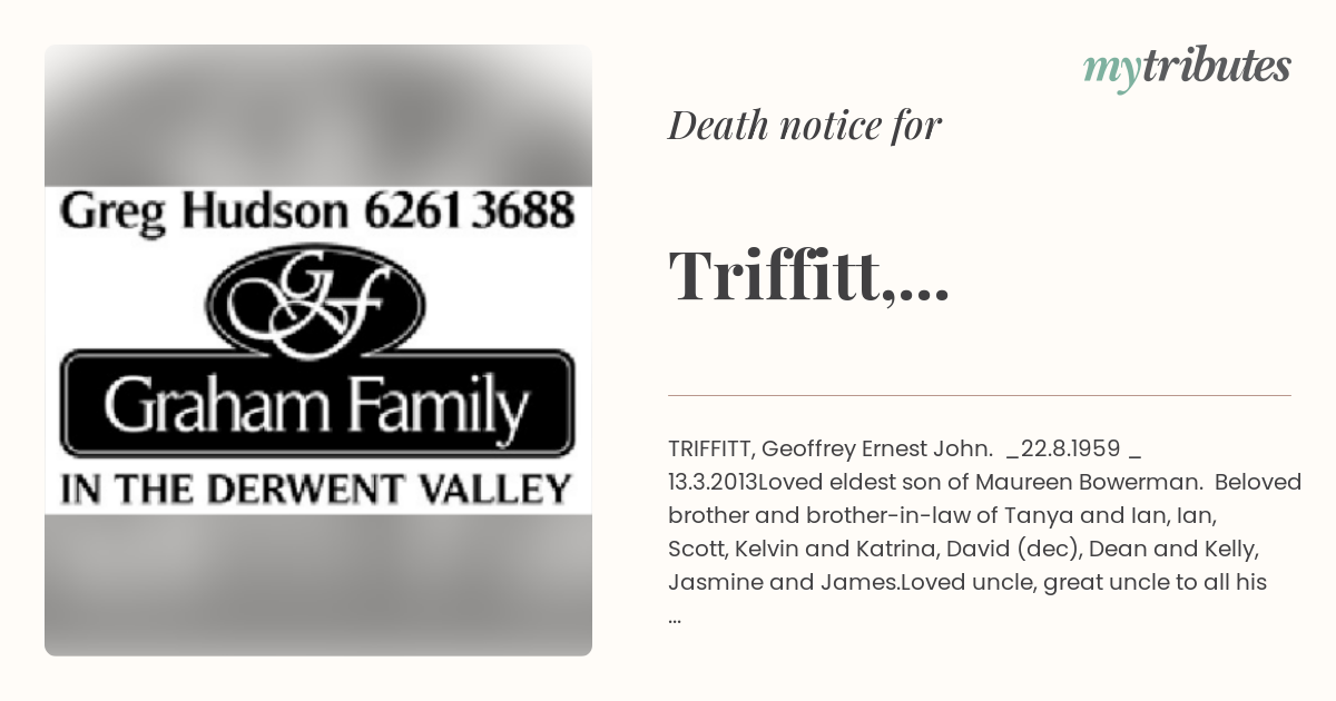 Triffitt, Geoffrey Ernest John | Death Notices | Tasmania | My Tributes