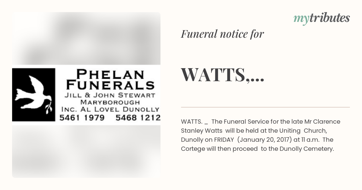 WATTS, Clarence Stanley | Funeral Notices | Melbourne | My Tributes