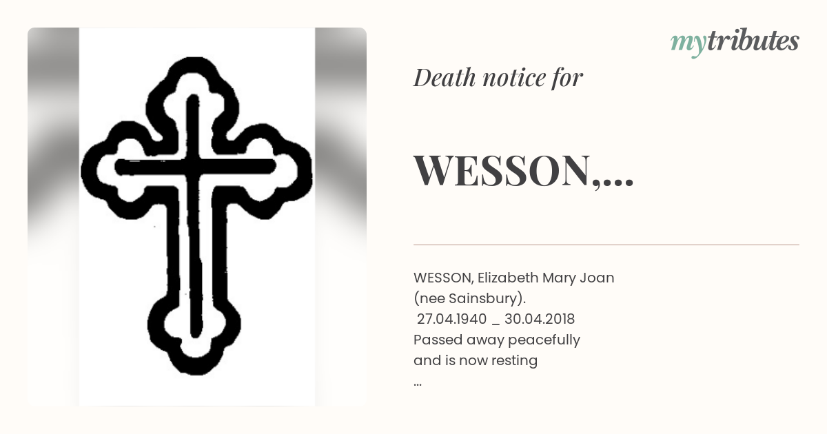 WESSON, Elizabeth Mary Joan | Death Notices | Darwin | Herald Sun
