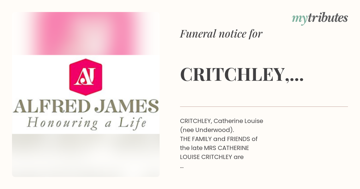 CRITCHLEY, Catherine Louise | Funeral Notices | Darwin | My Tributes