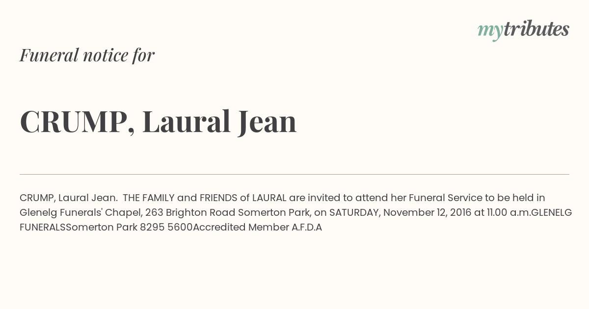 CRUMP, Laural Jean | Funeral Notices | Darwin | My Tributes