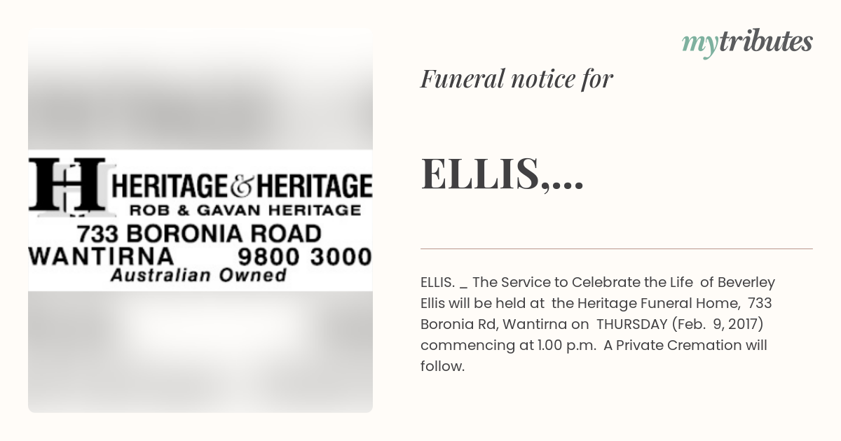 ELLIS, Beverley Anne | Funeral Notices | Melbourne | My Tributes