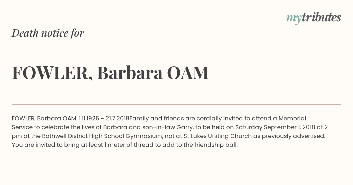 FOWLER, Barbara OAM | Death Notices | Tasmania | My Tributes