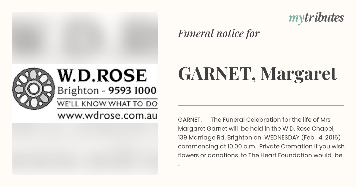 GARNET, Margaret | Funeral Notices | Melbourne | My Tributes