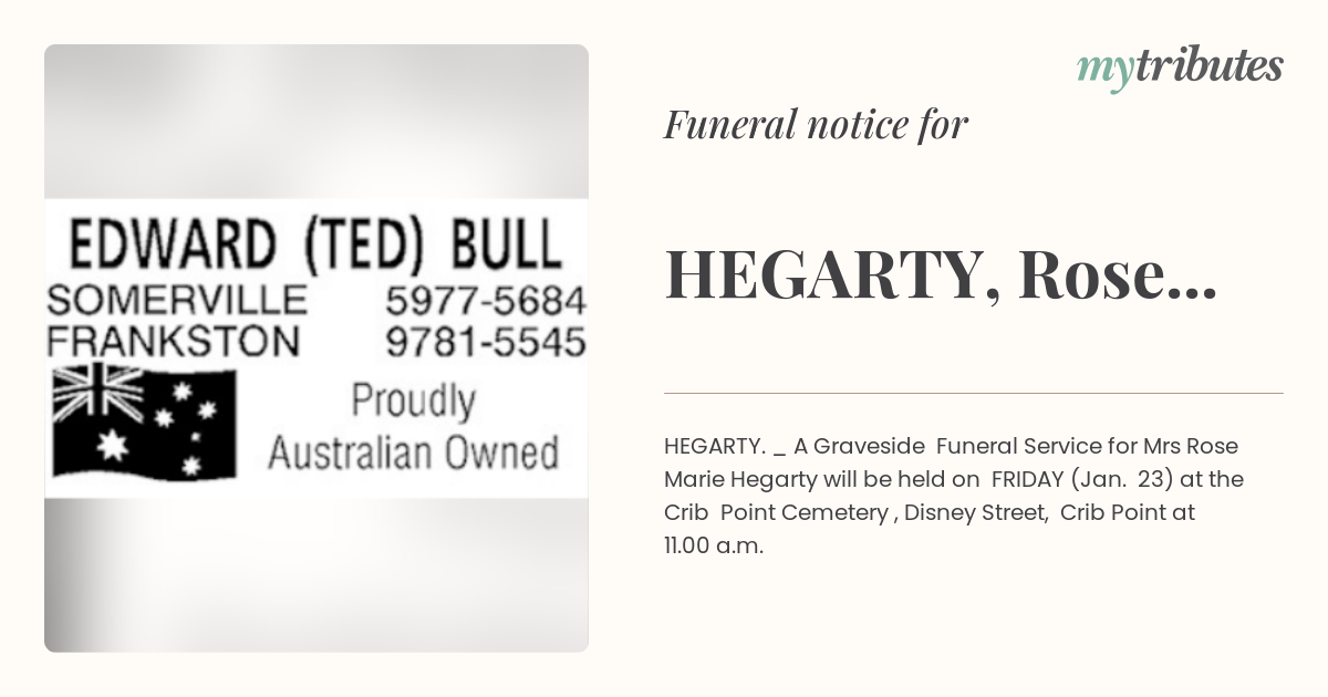 HEGARTY, Rose Marie | Funeral Notices | Melbourne | My Tributes