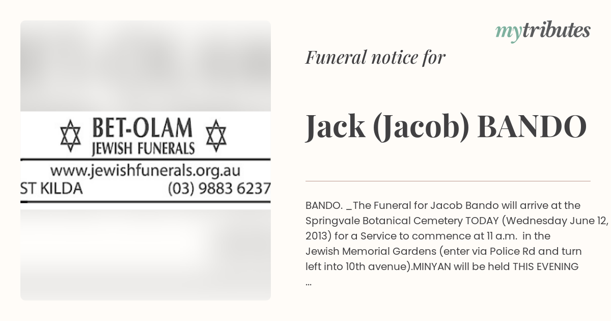 Jack (Jacob) BANDO | Funeral Notices | Melbourne | My Tributes