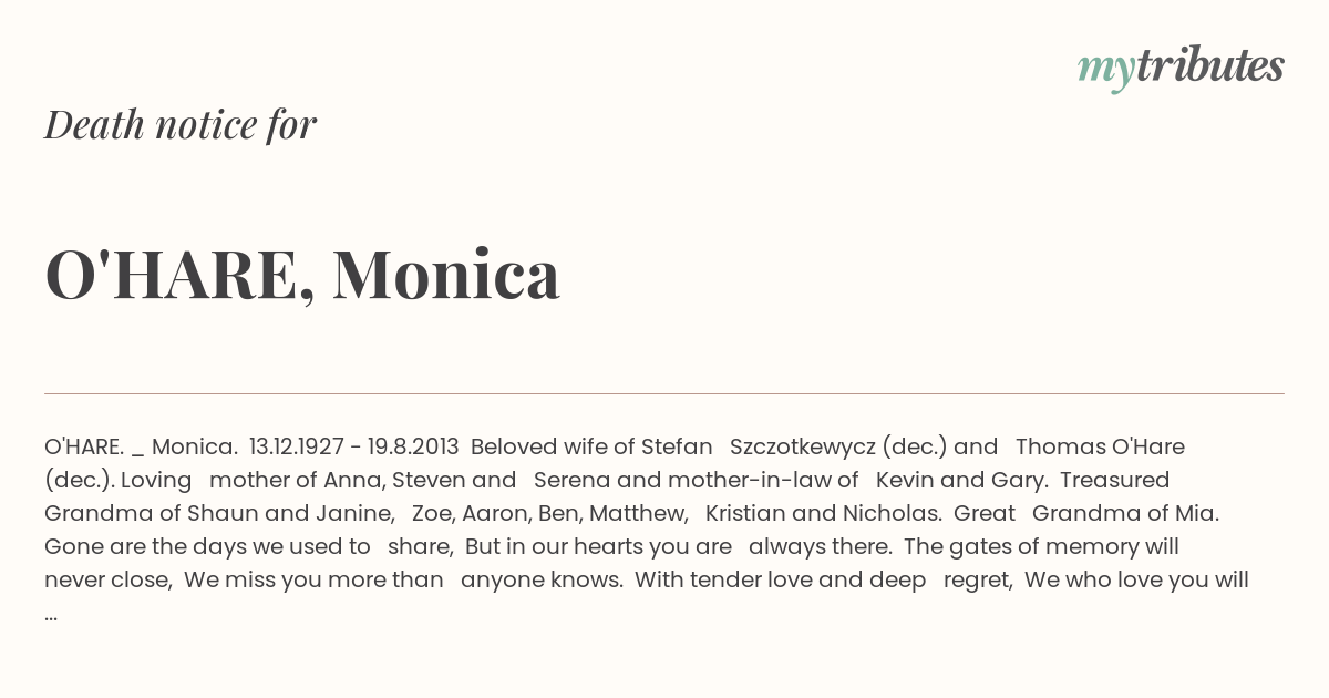 O'HARE, Monica | Death Notices | Melbourne | My Tributes