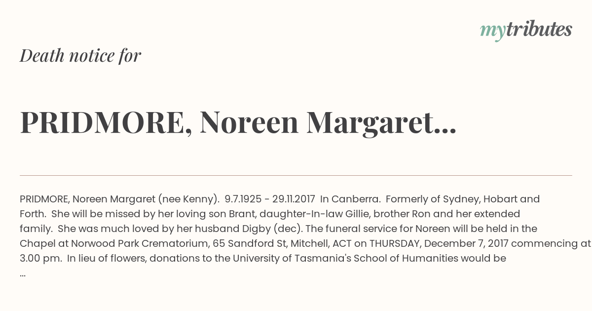 PRIDMORE, Noreen Margaret (nee Kenny) | Death Notices | Tasmania | The ...