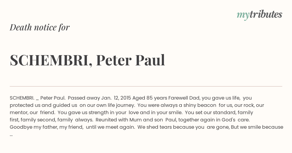 SCHEMBRI, Peter Paul | Death Notices | Melbourne | My Tributes