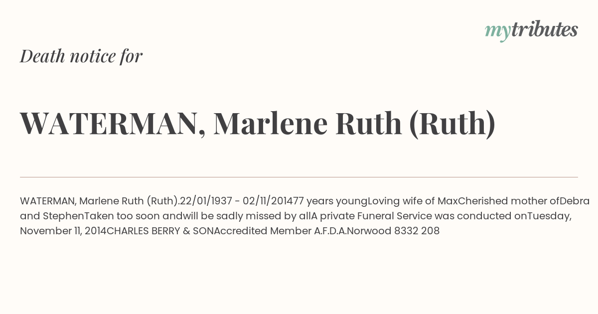 WATERMAN, Marlene Ruth (Ruth) | Death Notices | Darwin | My Tributes