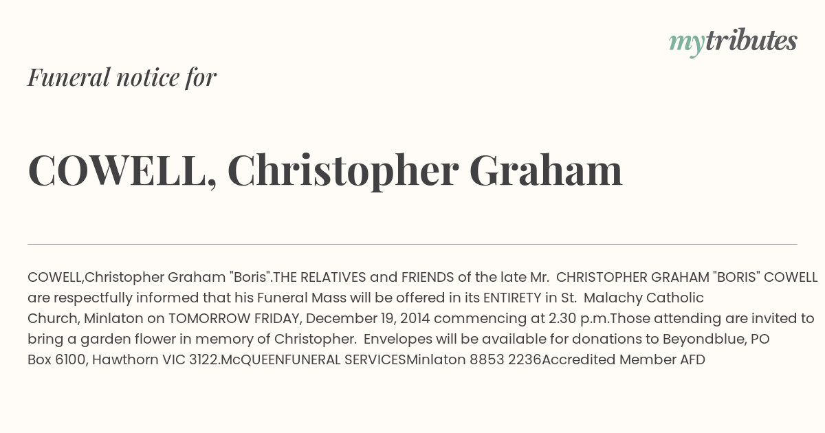 COWELL, Christopher Graham | Funeral Notices | Darwin | My Tributes