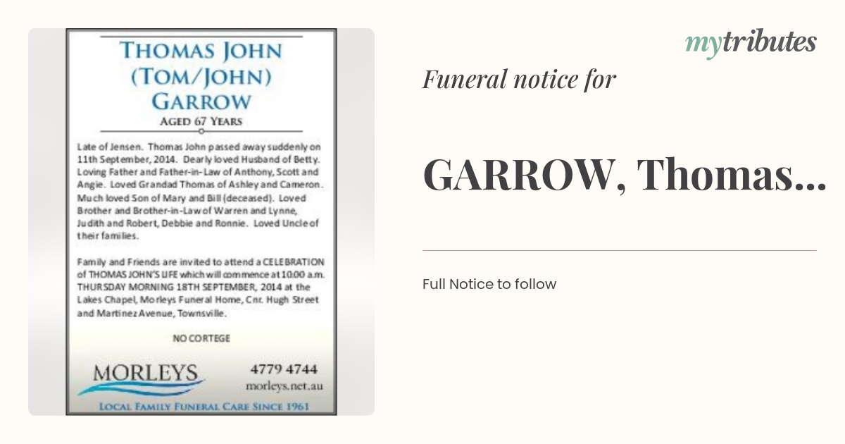 GARROW, Thomas John (Tom/John) | Funeral Notices | Townsville | My Tributes