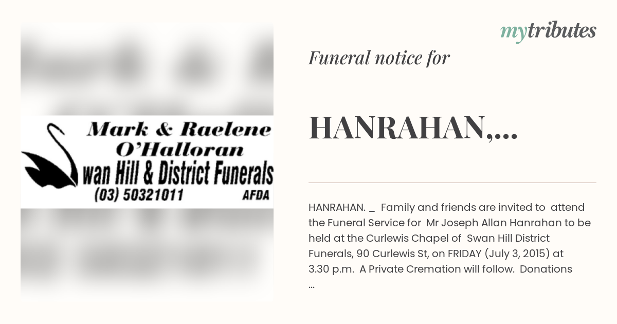 HANRAHAN, Joseph Allan (Joe) | Funeral Notices | Melbourne | My Tributes