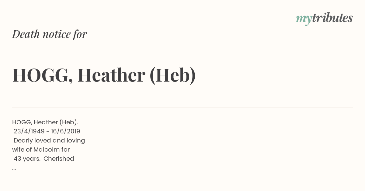 HOGG, Heather (Heb) | Death Notices | Tasmania | The Mercury